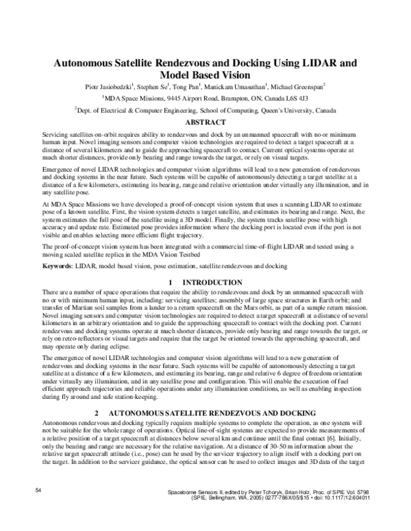 Pdf Autonomous Satellite Rendezvous And Docking Using Lidar And Model Based Vision