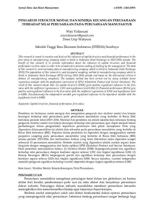 (PDF) Pengaruh Struktur Modal Dan Kinerja Keuangan Perusahaan Terhadap Nilai Perusahaan Pada ...