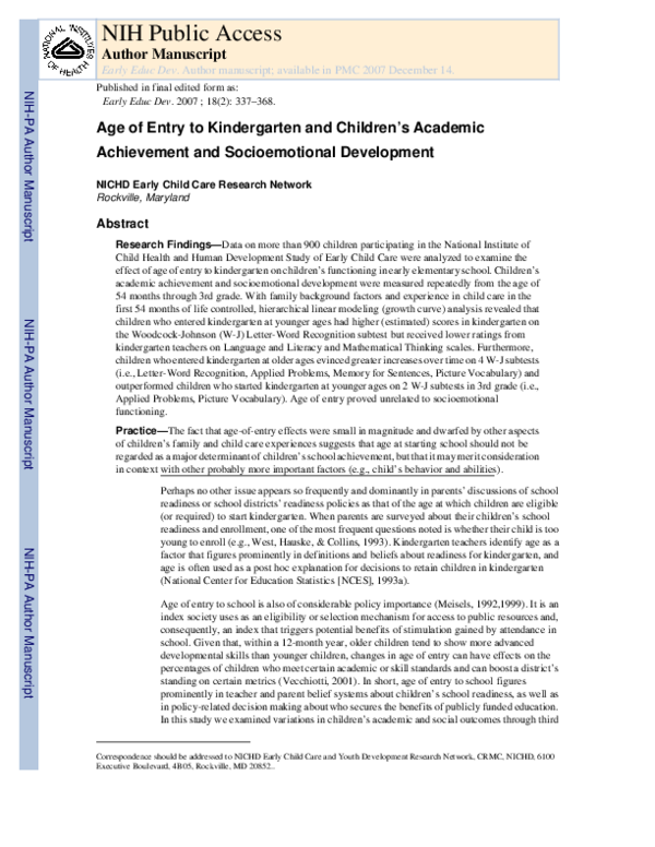 (PDF) Age of Entry to Kindergarten and Children's Academic Achievement ...