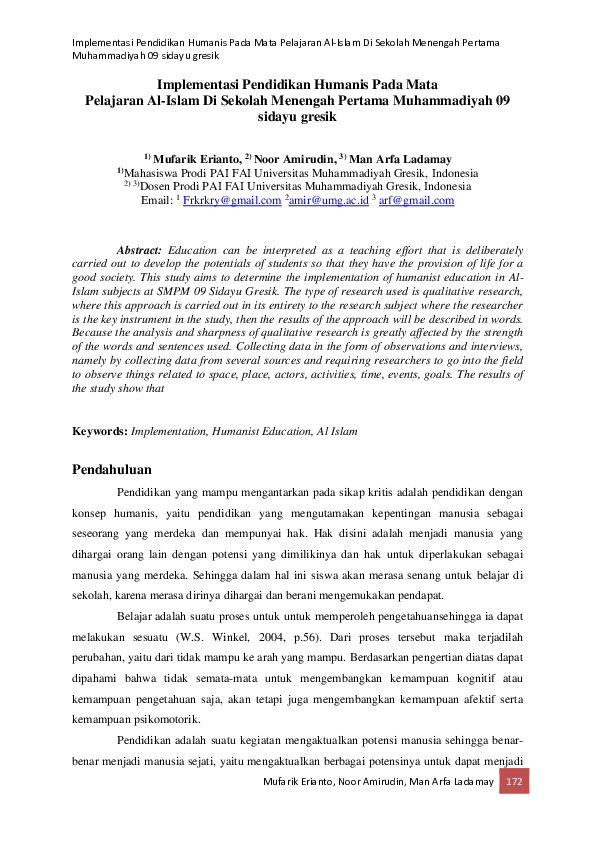 (PDF) Implementasi Pendidikan Humanis Pada Mata Pelajaran Al-Islam Di Sekolah Menengah Pertama ...
