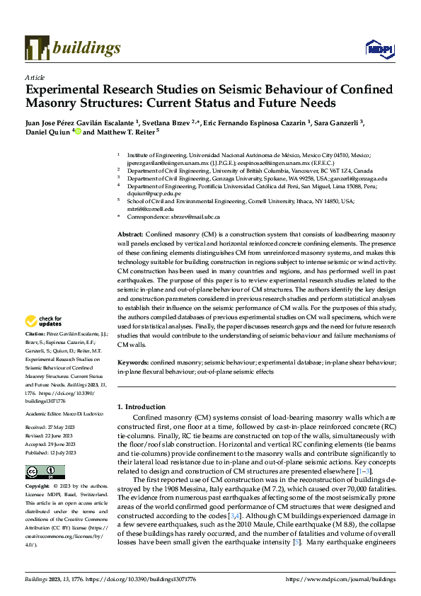 (PDF) Experimental Research Studies on Seismic Behaviour of Confined Masonry Structures: Current ...