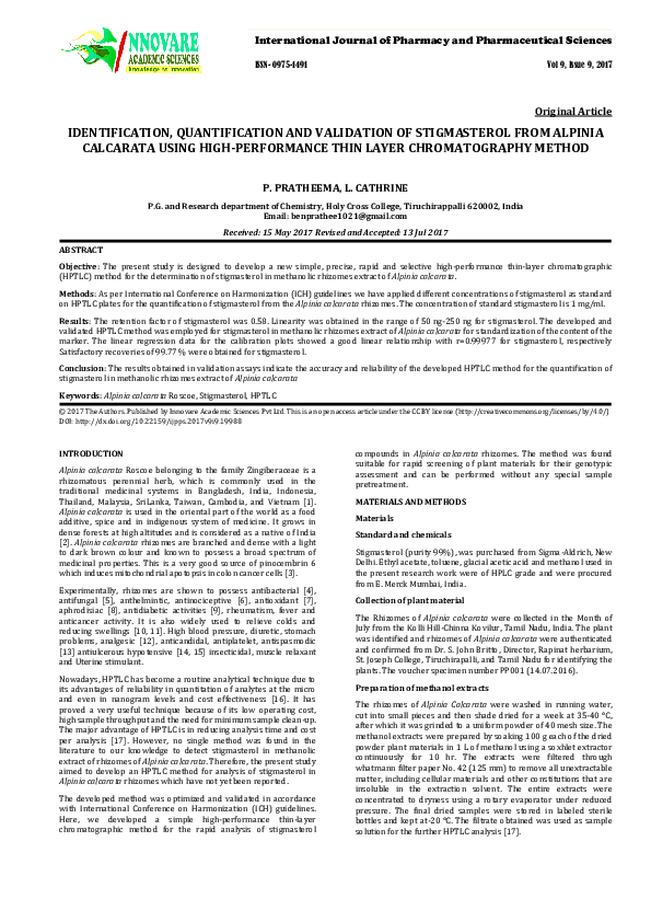 (PDF) IDENTIFICATION, QUANTIFICATION AND VALIDATION OF STIGMASTEROL FROM ALPINIA CALCARATA USING ...