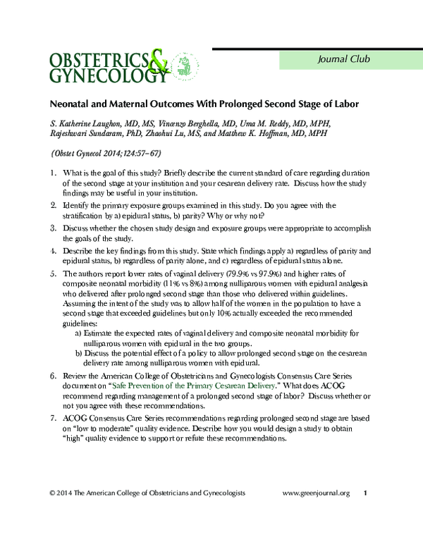 (PDF) Neonatal and maternal outcomes with prolonged second stage of labor