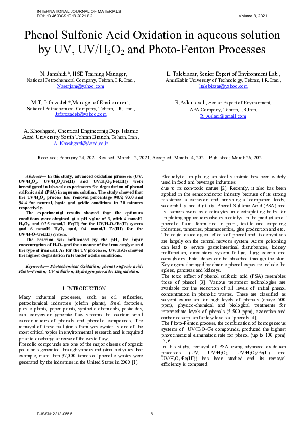 (PDF) Phenol Sulfonic Acid Oxidation in aqueous solution by UV, UV/H2O2 ...