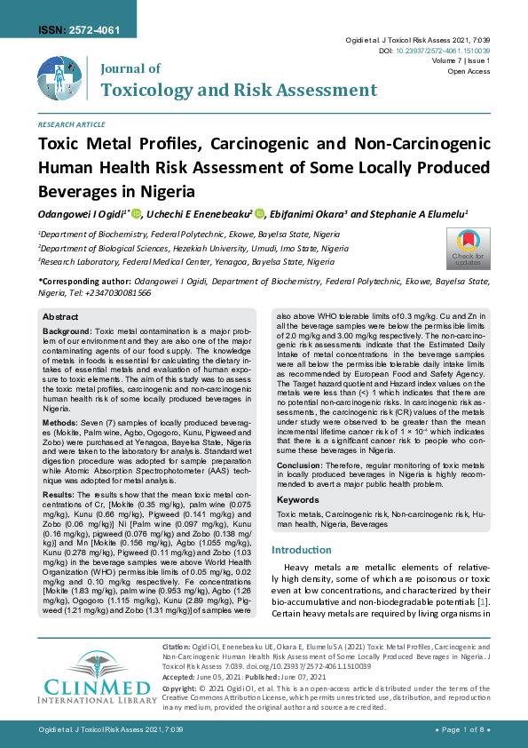 (PDF) Toxic Metal Profiles, Carcinogenic and Non-Carcinogenic Human ...