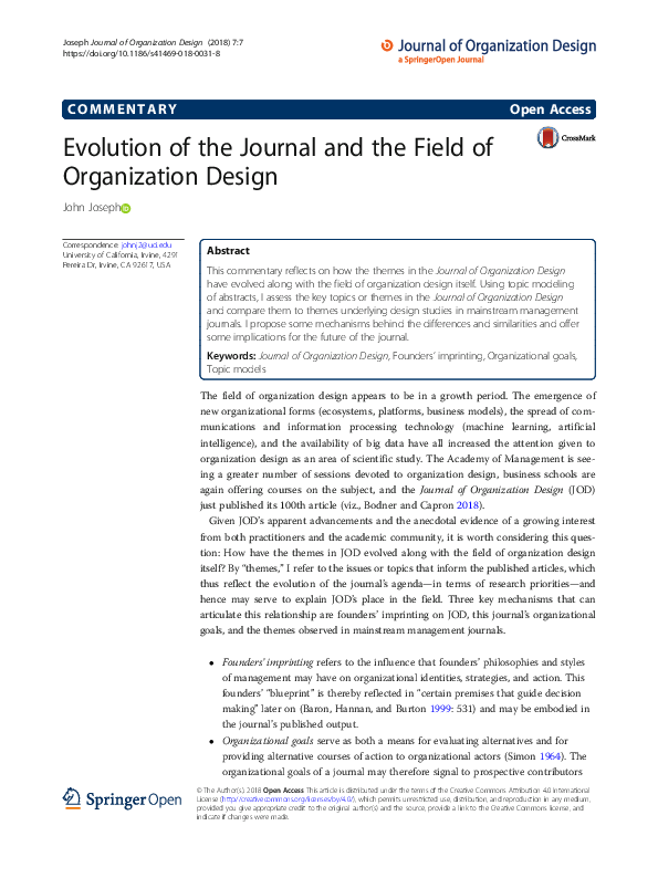(PDF) Evolution of the Journal and the Field of Organization Design