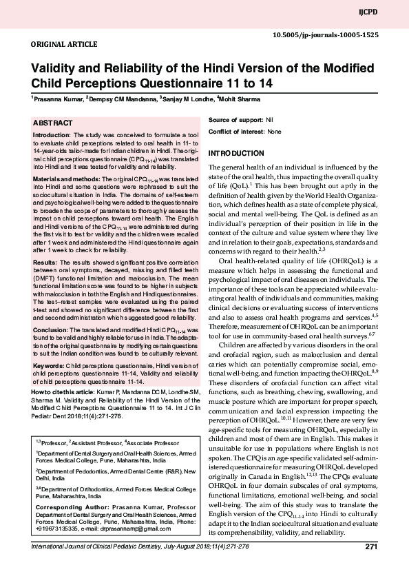 (PDF) Validity and Reliability of the Hindi Version of the Modified Child Perceptions ...