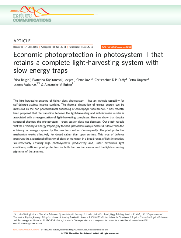 (PDF) Economic photoprotection in photosystem II that retains a ...