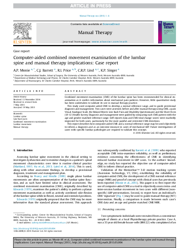 Combined movement examination of the human lumbar spine