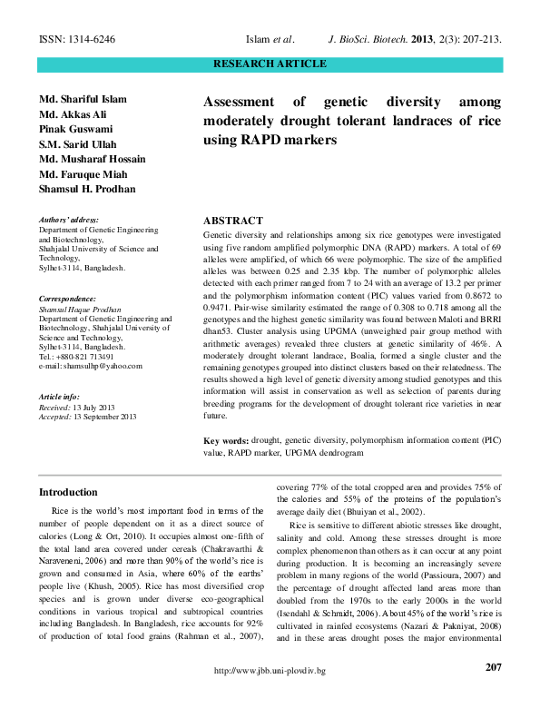 (PDF) Assessment of genetic diversity among moderately drought tolerant landraces of rice using ...