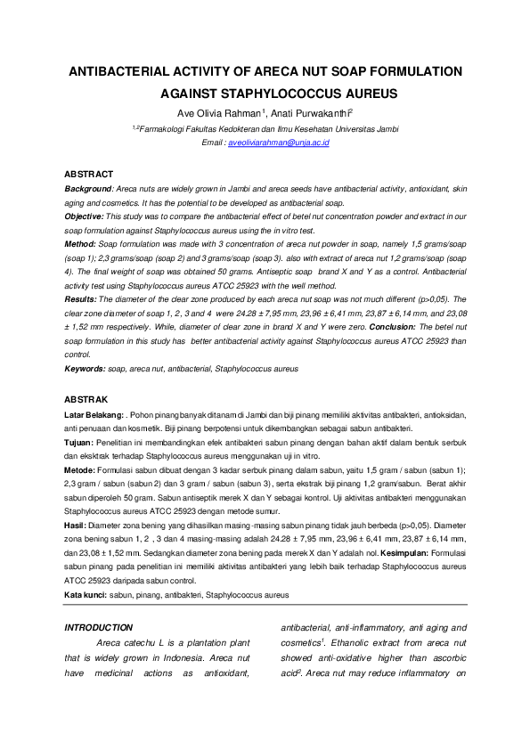 (PDF) Antibacterial Activity of Areca Nut Soap Formulation Against Staphylococcus Aureus