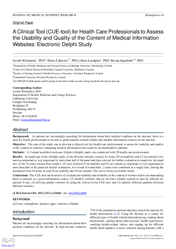 (PDF) A Clinical Tool (CUE-tool) for Health Care Professionals to ...