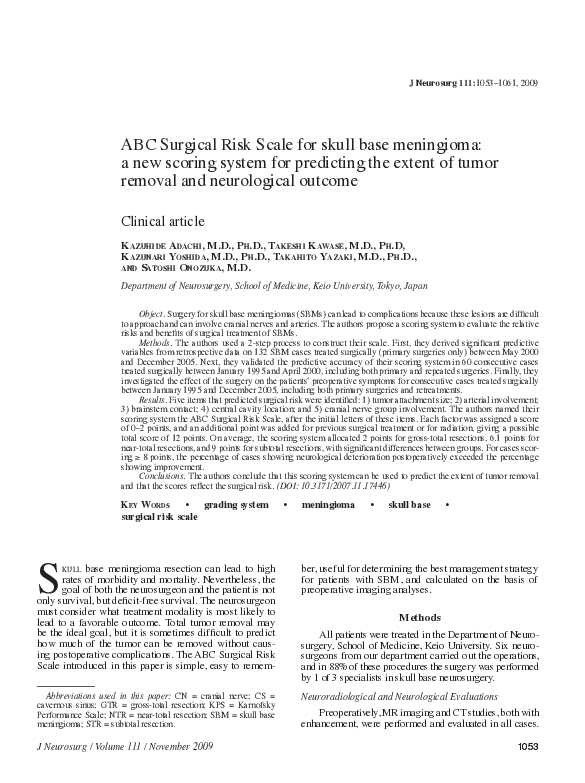 (PDF) ABC Surgical Risk Scale for skull base meningioma: a new scoring ...