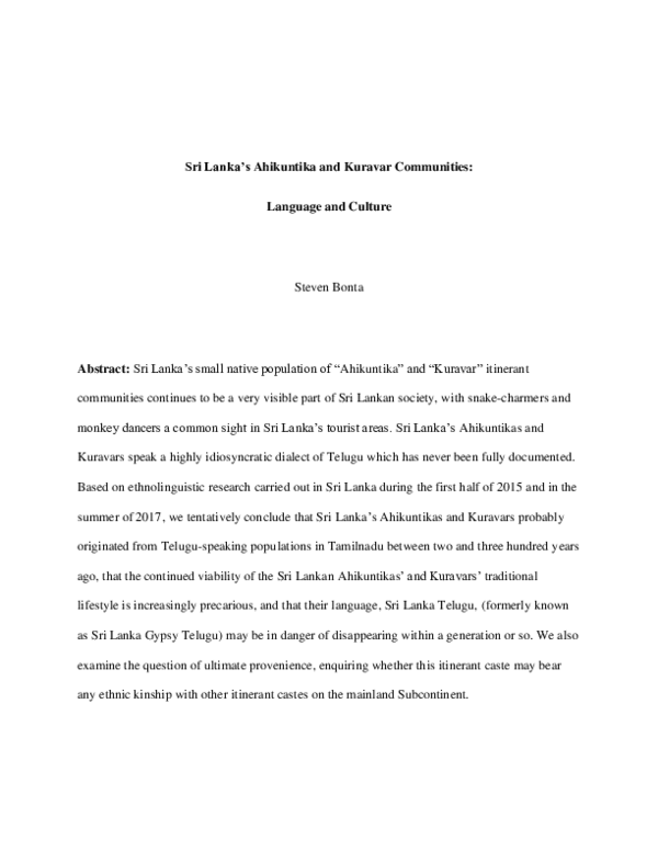 (PDF) Sri Lanka's Ahikuntika and Kuravar Communities: Language and Culture
