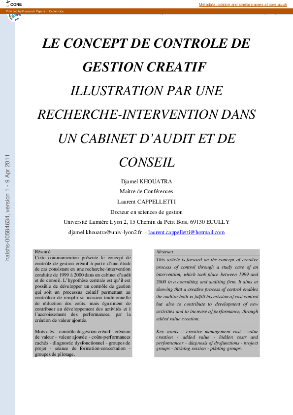 (PDF) Le Concept De Controle De Gestion Creatif Illustration Par Une Recherche-Intervention Dans ...
