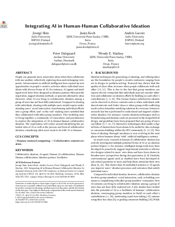 (PDF) Integrating AI in Human-Human Collaborative Ideation