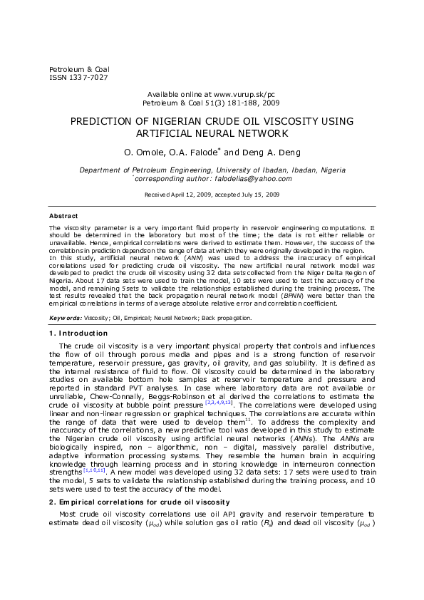 Pdf Prediction Of Nigerian Crude Oil Viscosity Using Artificial Neural Network