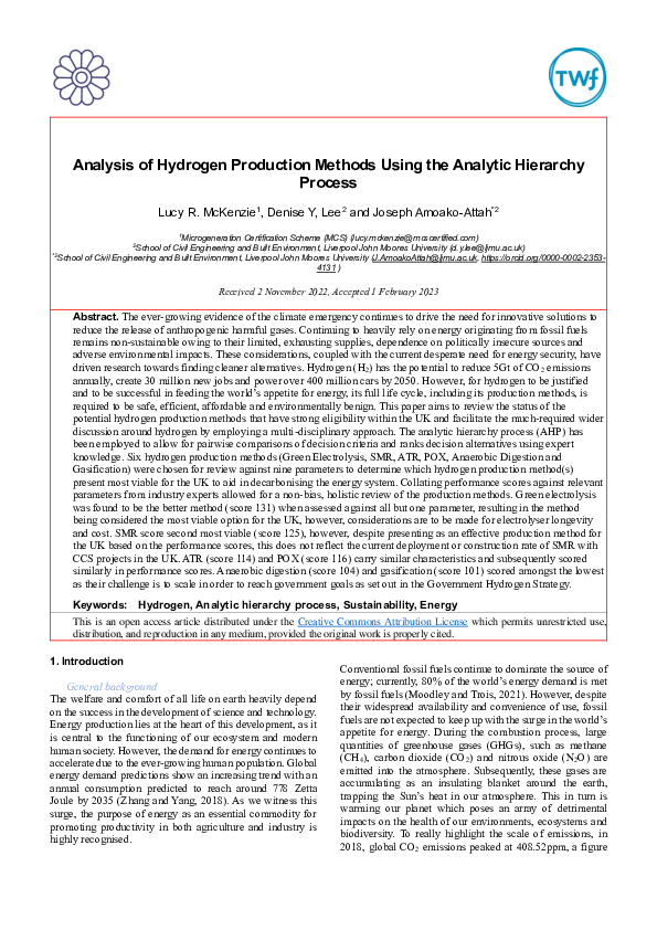 (PDF) Analysis of Hydrogen Production Methods Using the Analytic Hierarchy Process