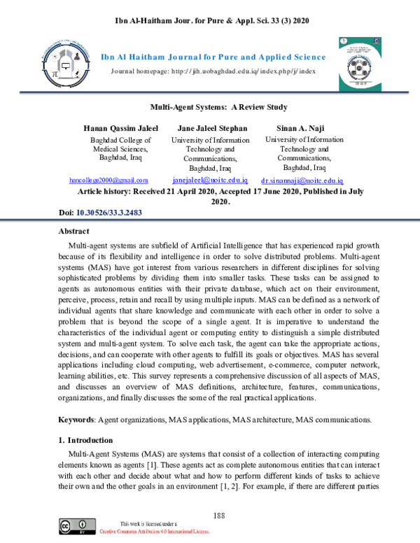 (PDF) Multi-Agent Systems: A Review Study