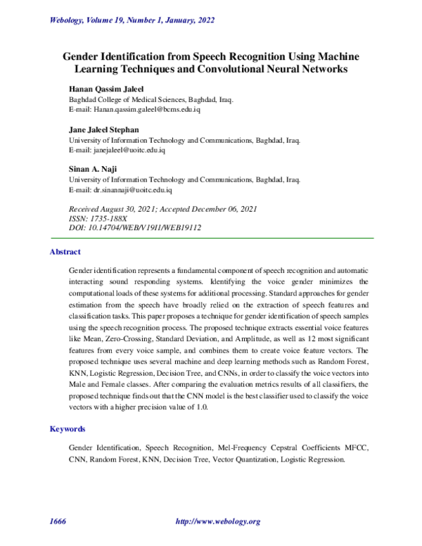 Pdf Gender Identification From Speech Recognition Using Machine Learning Techniques And