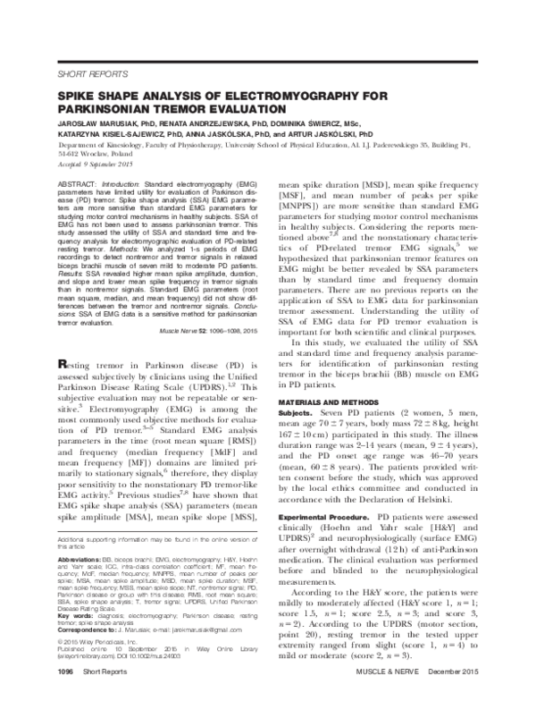 Pdf Spike Shape Analysis Of Electromyography For Parkinsonian Tremor Evaluation