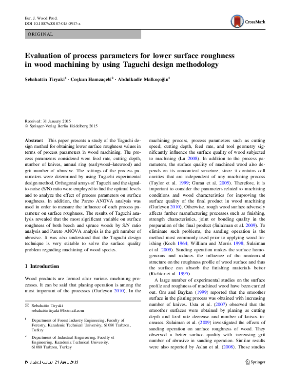 (PDF) Evaluation of process parameters for lower surface roughness in wood machining by using ...