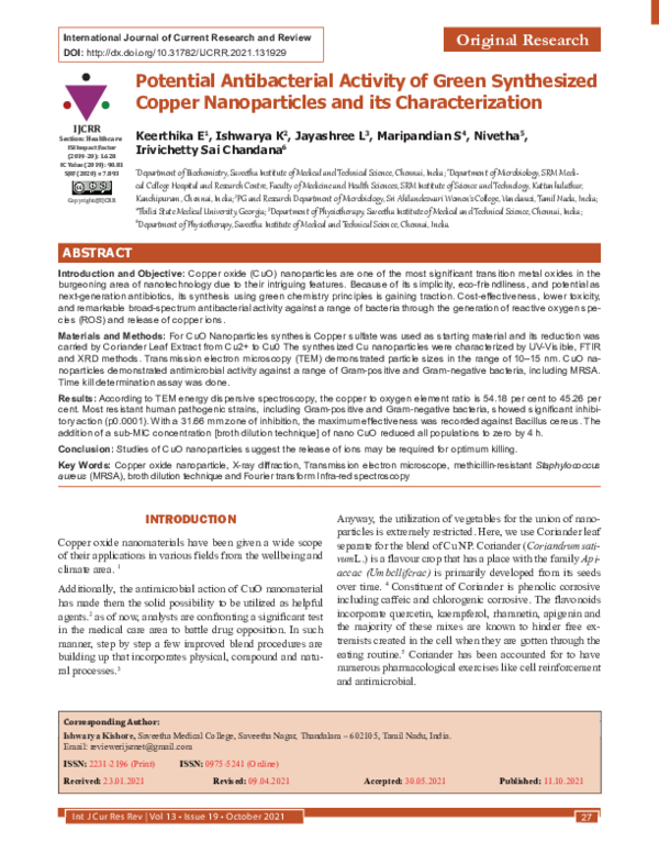 (PDF) Potential Antibacterial Activity of Green Synthesized Copper Nanoparticles and its ...