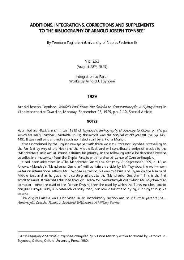 (PDF) Arnold Joseph Toynbee, World’s End. From the Shipka to ...