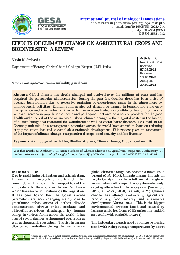 (PDF) Effects of Climate Change on Agricultural Crops Andbiodiversity ...