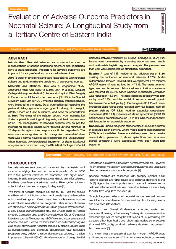 (PDF) Evaluation of Adverse Outcome Predictors in Neonatal Seizure: A ...