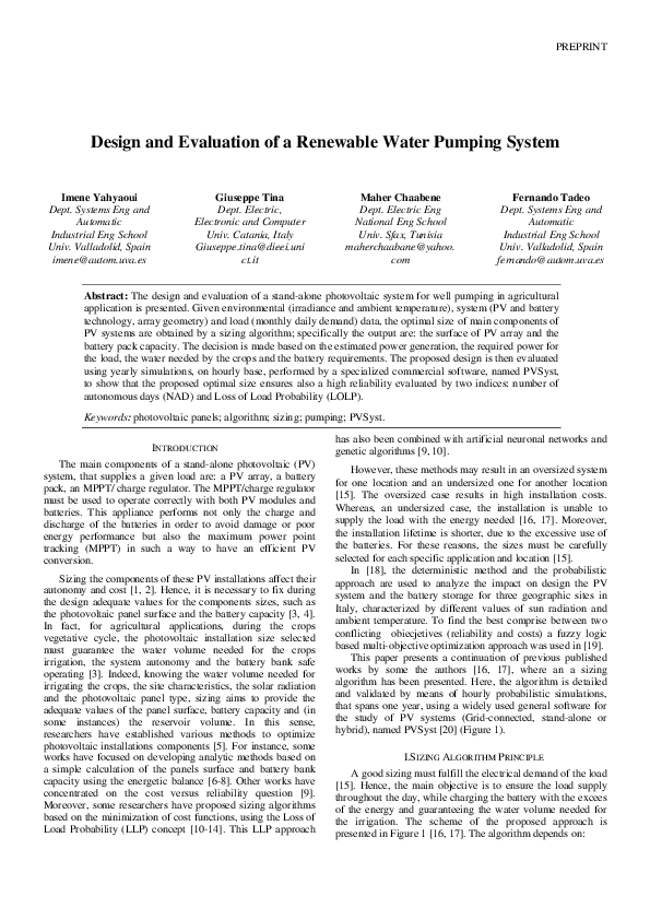(PDF) Design and Evaluation of a Renewable Water Pumping System