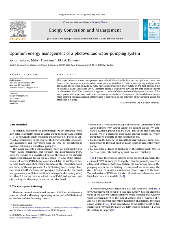 (PDF) Optimum energy management of a photovoltaic water pumping system