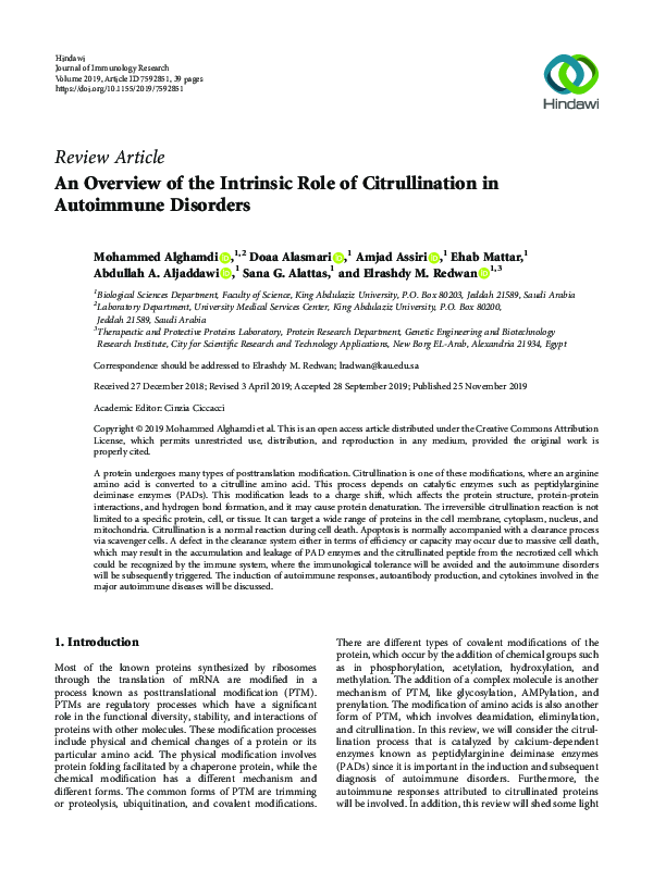 (PDF) An Overview of the Intrinsic Role of Citrullination in Autoimmune ...