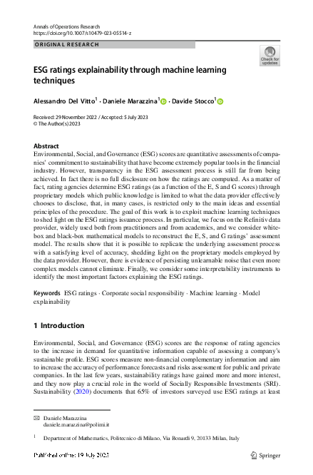 (PDF) ESG ratings explainability through machine learning techniques