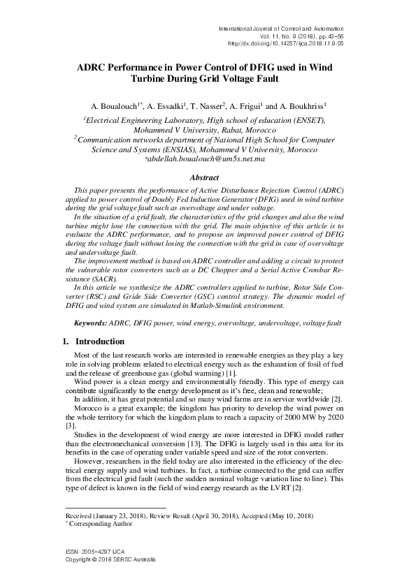 (PDF) ADRC Performance in Power Control of DFIG used in Wind Turbine During Grid Voltage Fault