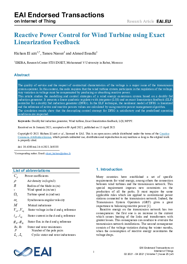 (PDF) Reactive Power Control for Wind Turbine using Exact Linearization Feedback