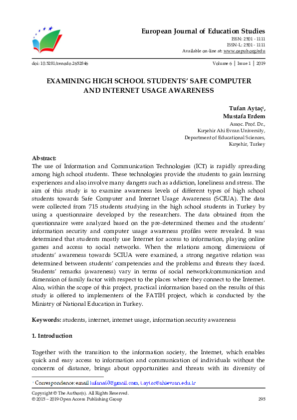 (PDF) Examining High School Students' Safe Computer and Internet Usage ...