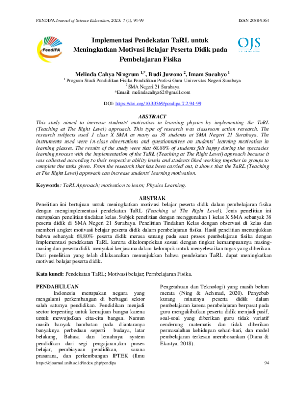 (PDF) Implementation of the TaRL Approach to Increase Student Learning ...