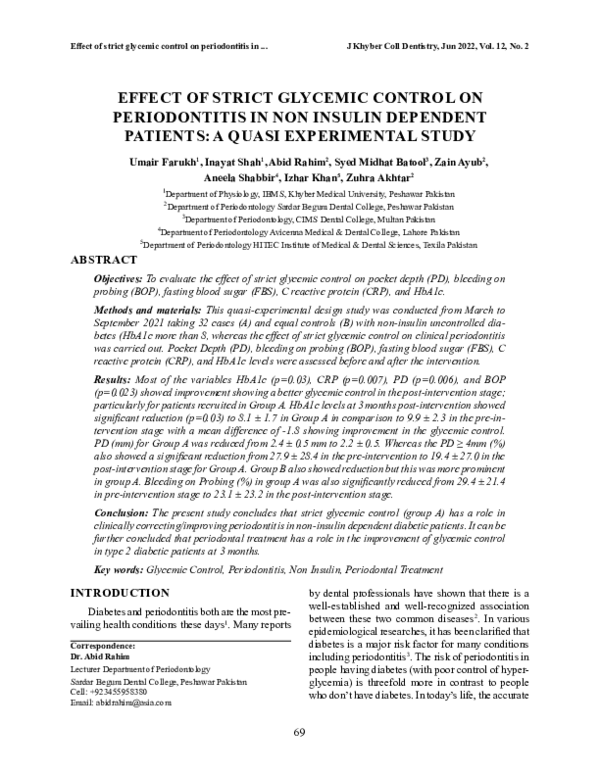 (PDF) Effect of Strict Glycemic Control on Periodontitis in Non Insulin ...