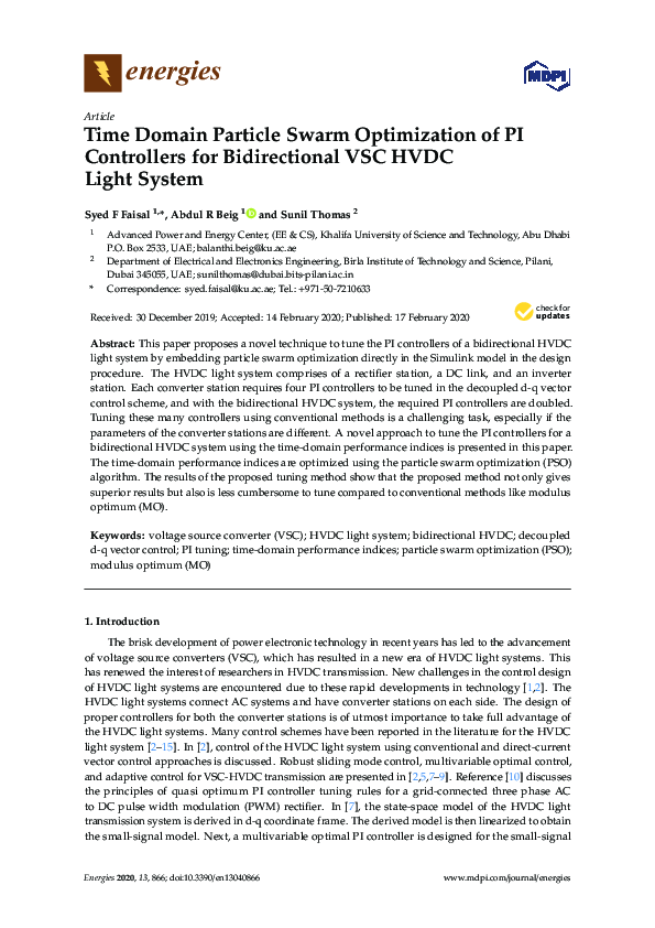 Pdf Time Domain Particle Swarm Optimization Of Pi Controllers For Bidirectional Vsc Hvdc Light