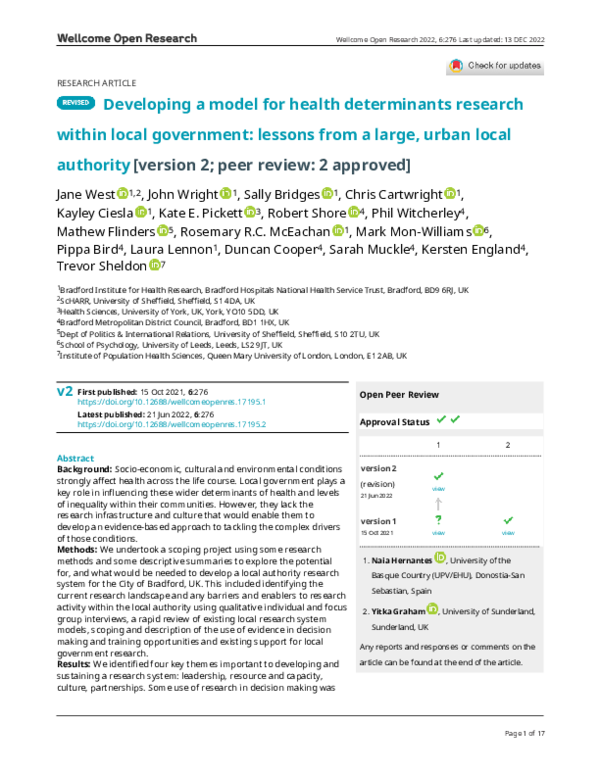 (PDF) Developing a model for health determinants research within local ...