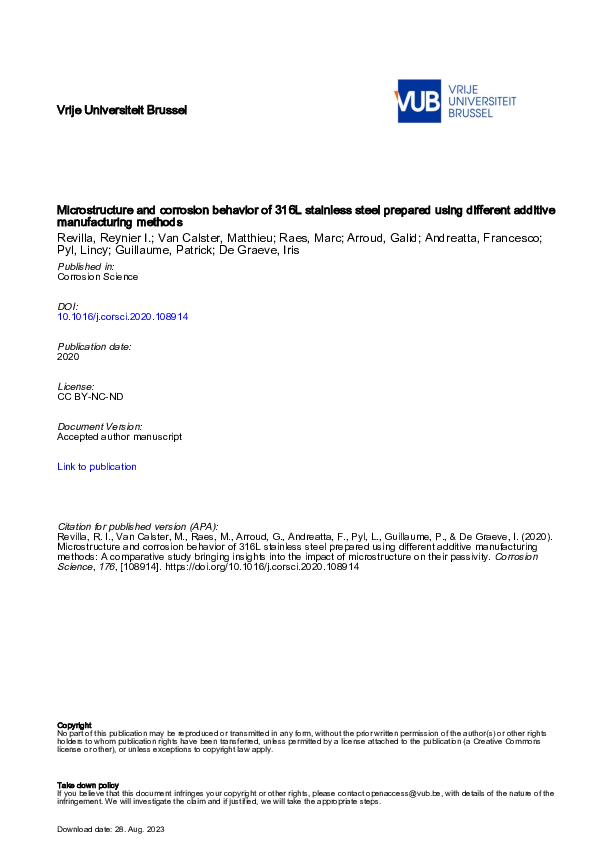 Pdf Microstructure And Corrosion Behavior Of 316l Stainless Steel Prepared Using Different