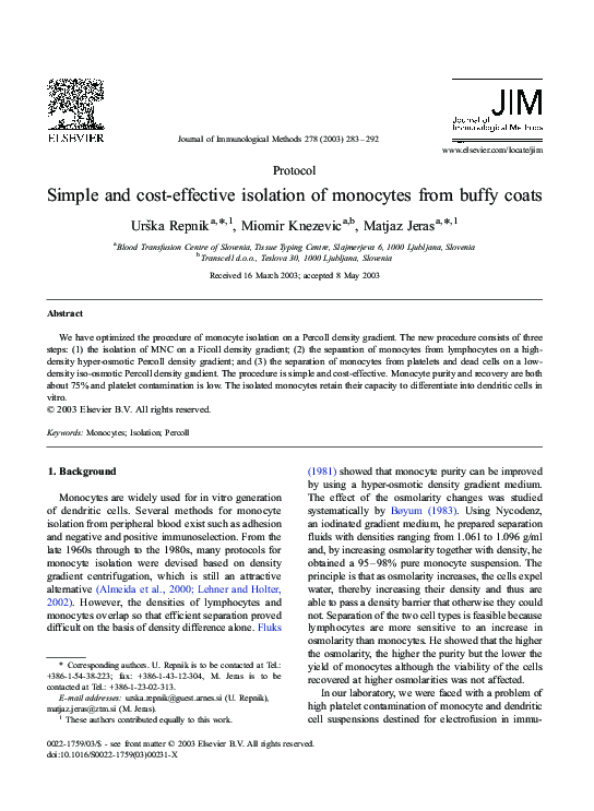(PDF) Simple and cost-effective isolation of monocytes from buffy coats