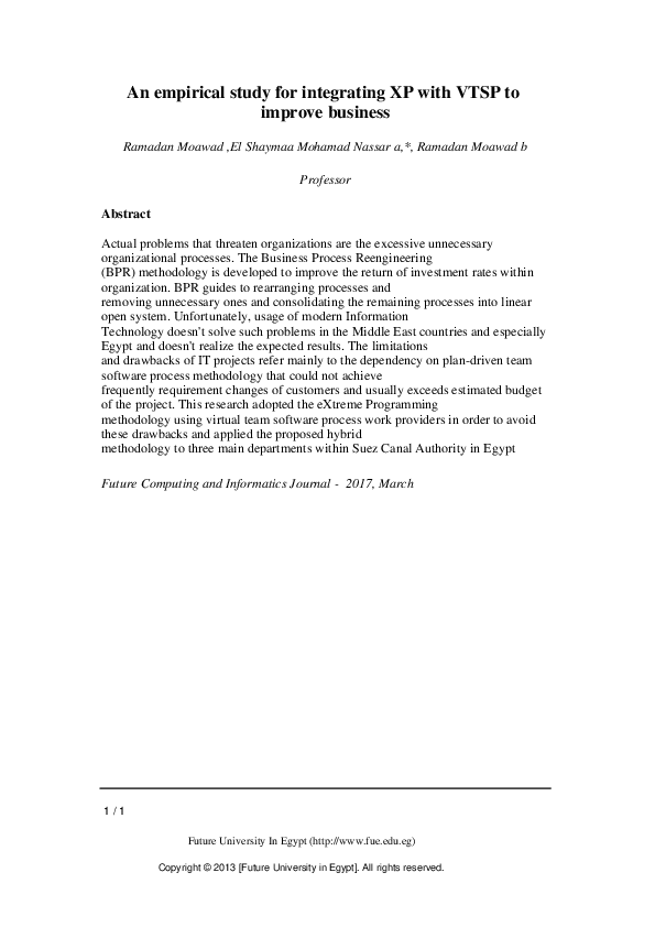 (PDF) An Empirical Study for Integrating XP with VTSP to Improve Business Process