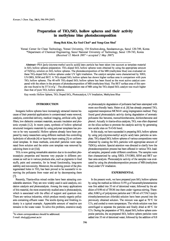 (PDF) Preparation of TiO2/SiO2 hollow spheres and their activity in methylene blue ...