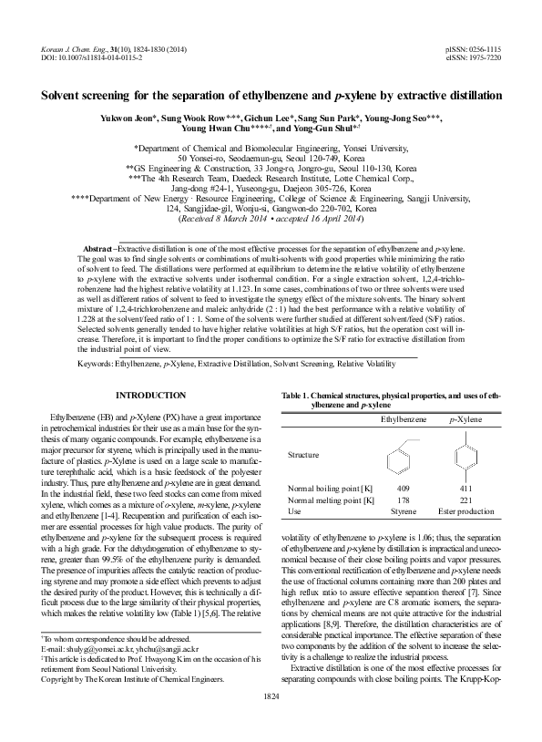 (PDF) Solvent screening for the separation of ethylbenzene and p-xylene by extractive distillation