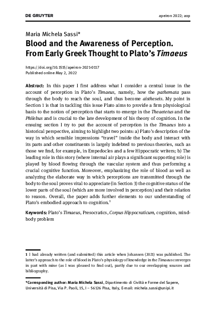 (PDF) Blood and the Awareness of Perception. From Early Greek Thought ...