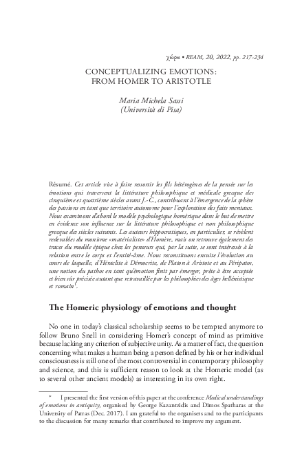 (PDF) CONCEPTUALIZING EMOTIONS : FROM HOMER TO ARISTOTLE