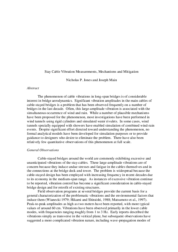 (PDF) Stay Cable Vibration Measurements, Mechanisms and Mitigation