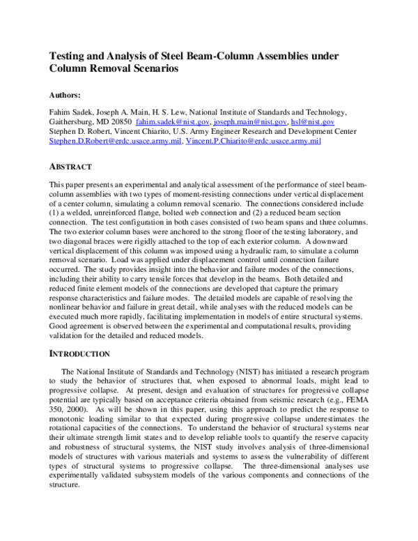 (PDF) Testing and Analysis of Steel Beam-Column Assemblies under Column ...